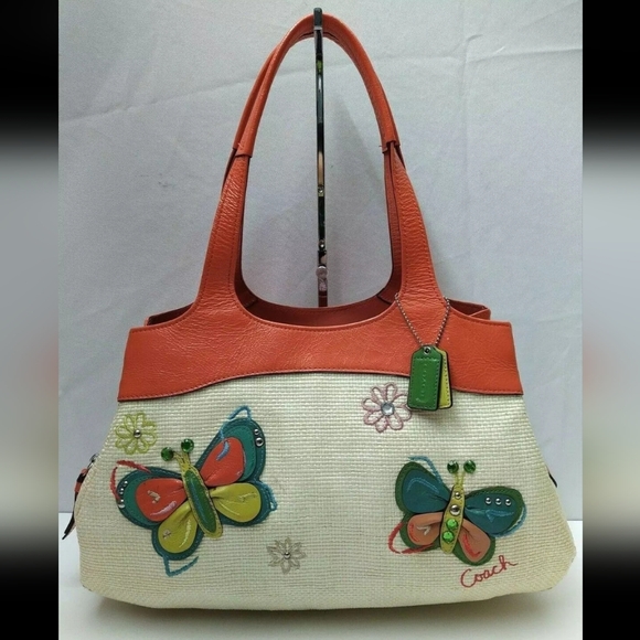 Coach | Bags | Coach Multicolor Straw Melon Leather Trim Butterfly ...